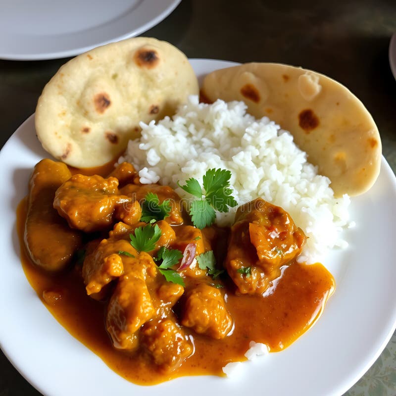 A Platter of Chicken Curry with Rice, Chapati, and a Side of Pickle on ...