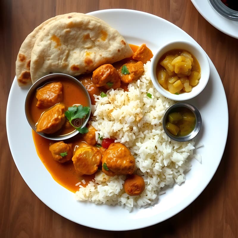 A Platter of Chicken Curry with Rice, Chapati, and a Side of Pickle on ...