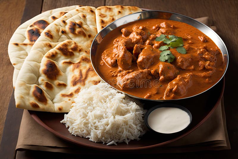 Platter of Chicken Tikka Masala, Served with Naan and Rice Stock ...