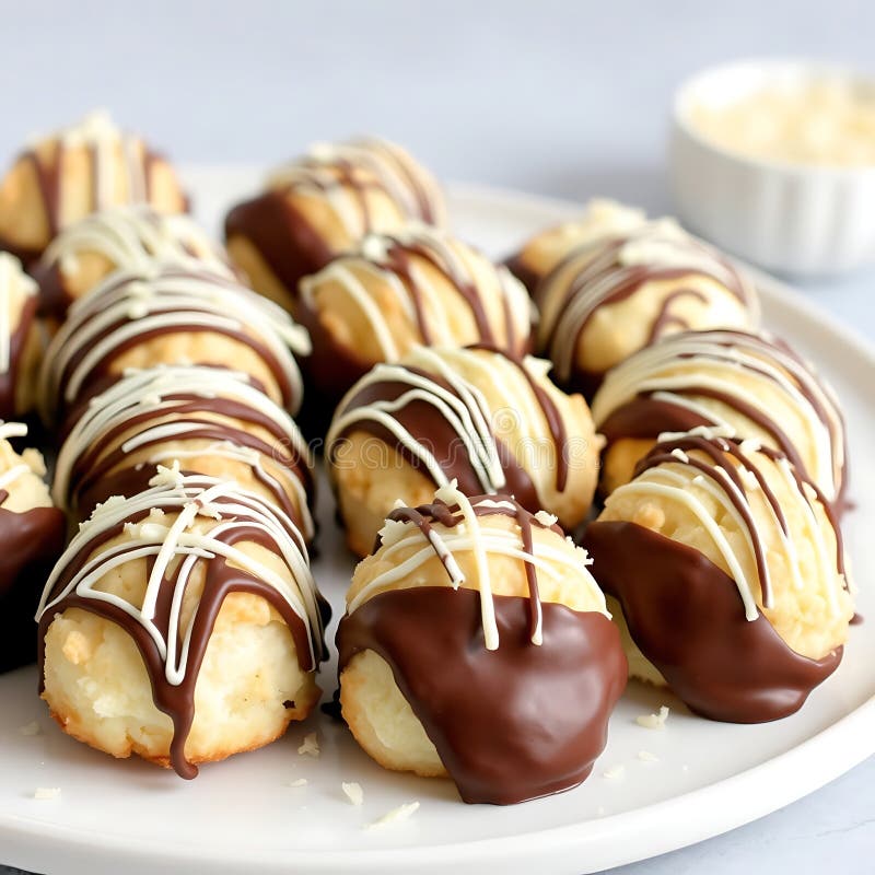 A Platter of Chocolate Dipped Coconut Macaroons with a Drizzle of White ...