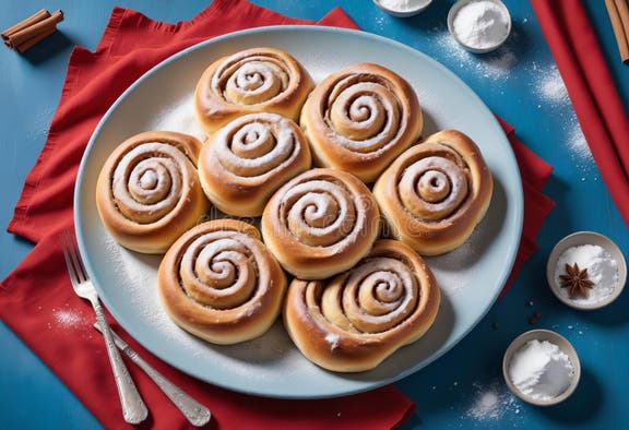 A Platter of Cinnamon Rolls with Some Sugar on the Side Stock ...