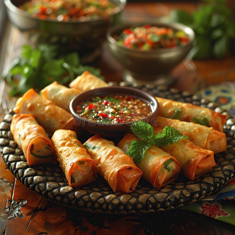 A Platter of Crispy Spring Rolls with a Side of Dipping Sauce Stock ...