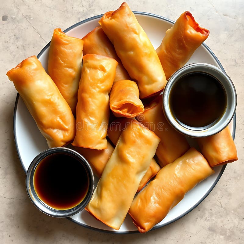 A Platter of Crispy Spring Rolls with a Side of Soy Dipping Sauce Stock ...