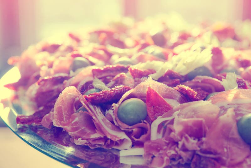 Platter with Cured Ham on Table, Toned Stock Image - Image of film ...