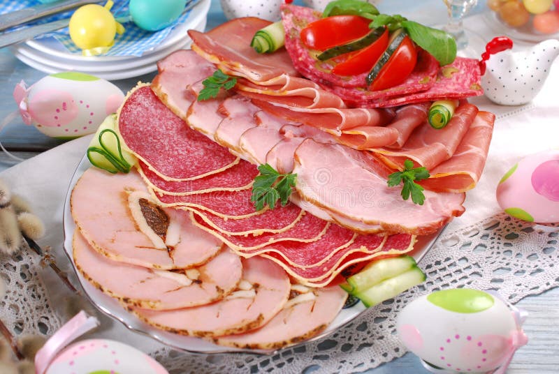 Platter of Cured Meat,ham and Salami on Eater Table Stock Photo - Image ...