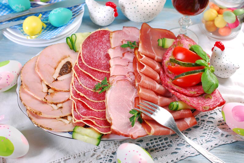 Platter of Cured Meat, Ham and Salami on Eater Table Stock Photo ...