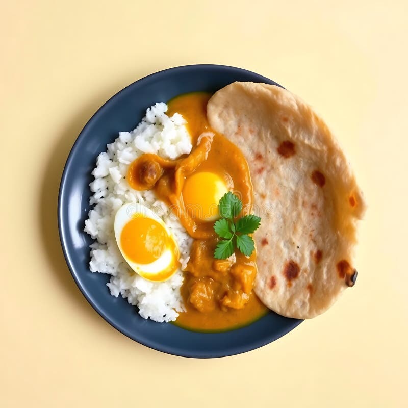 A Platter of Egg Curry with Rice and Roti on a Pastel Yellow Background ...