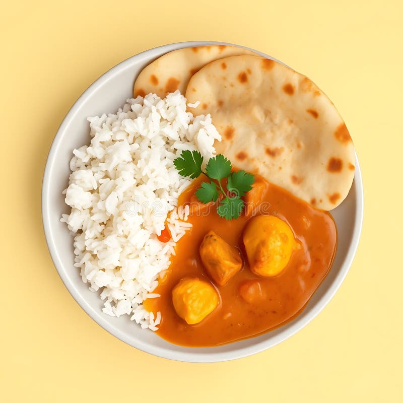 A Platter of Egg Curry with Rice and Roti on a Pastel Yellow Background ...
