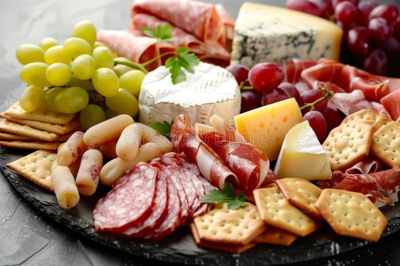 Platter Featuring Assorted Cheeses, Crackers, Grapes, and Meats for a ...