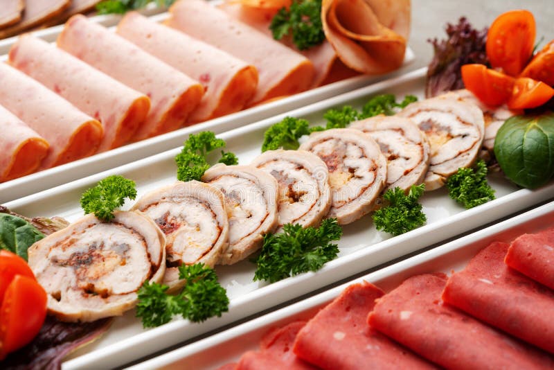Platter of Fresh Meat Cold Cuts on Table Stock Image - Image of sausage ...