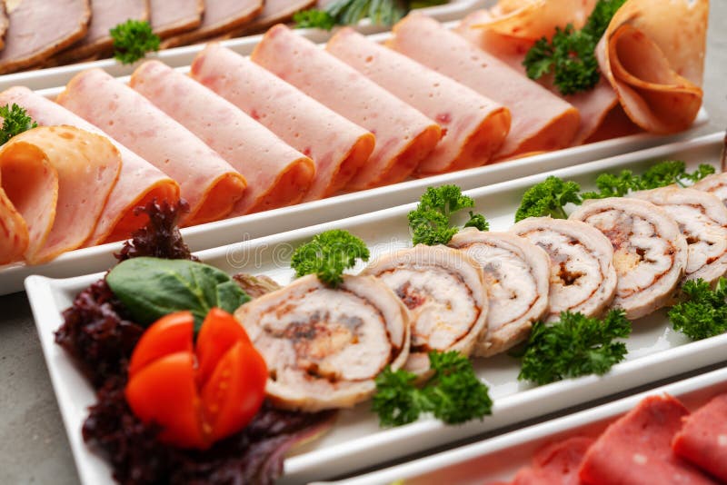 Platter of Fresh Meat Cold Cuts on Table Stock Image - Image of sausage ...