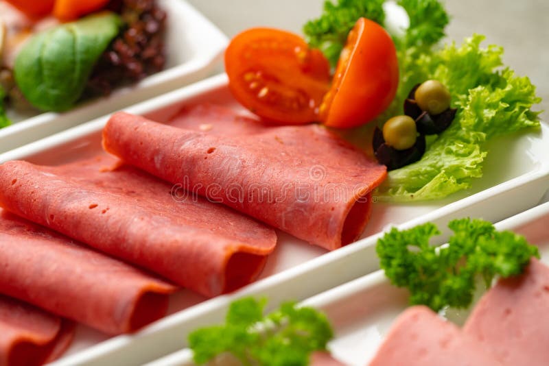 Platter of Fresh Meat Cold Cuts on Table Stock Photo - Image of ...