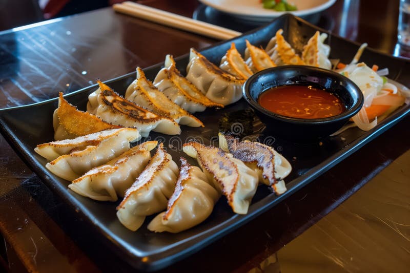 Platter of Gyoza with Dipping Sauce on a Restaurant Table Stock Image ...
