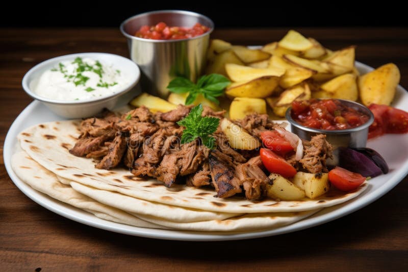 Platter of Gyros with Rice and Potatoes on the Side Stock Image - Image ...
