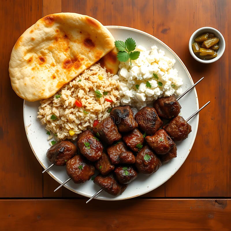 A Platter of Lamb Kebabs with Naan, Rice, and a Side of Pickle on a ...