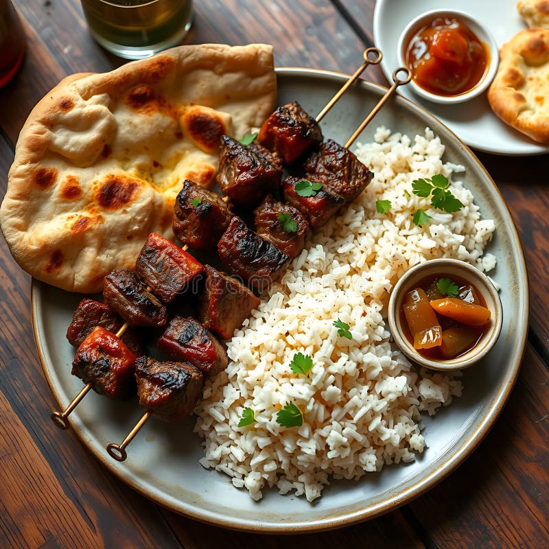 A Platter of Lamb Kebabs with Naan, Rice, and a Side of Pickle on a ...
