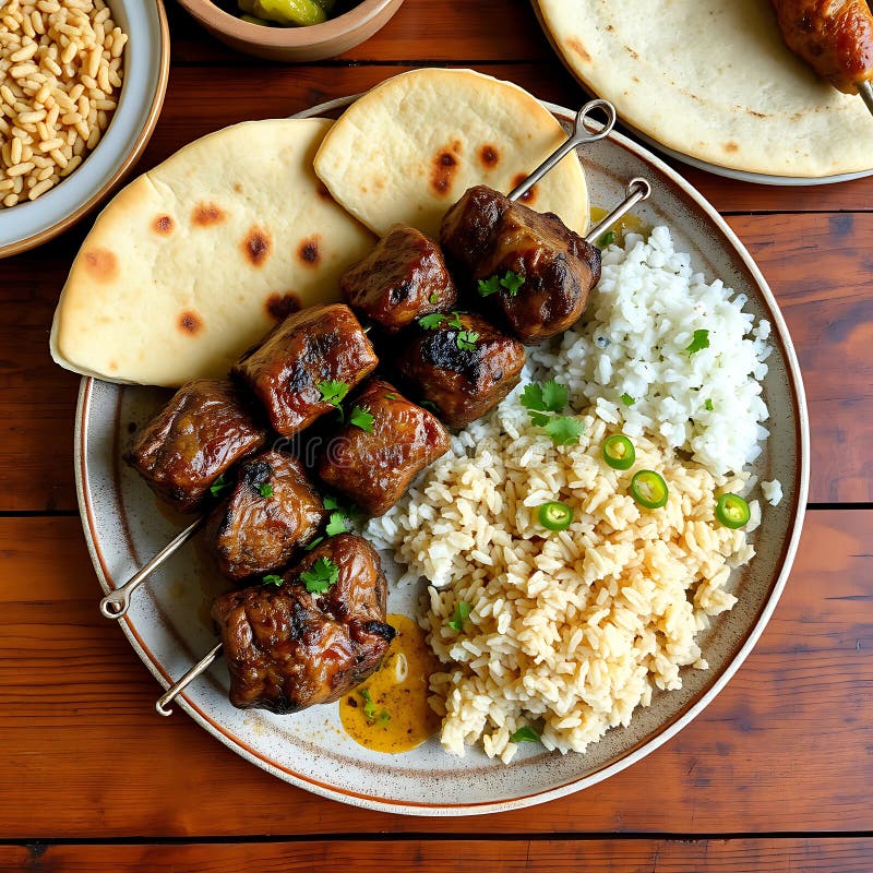 A Platter of Lamb Kebabs with Naan, Rice, and a Side of Pickle on a ...