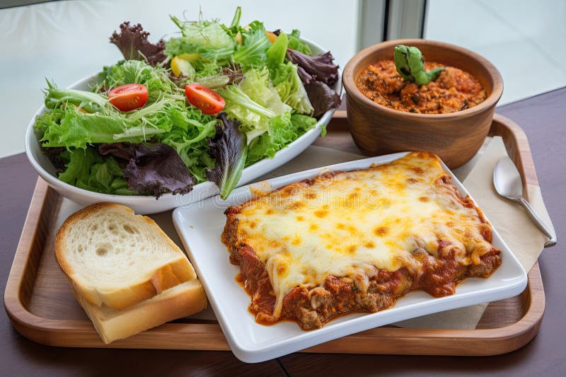 Platter With Lasagna Garlic Bread And Garden Salad Stock Illustration Illustration Of Garden