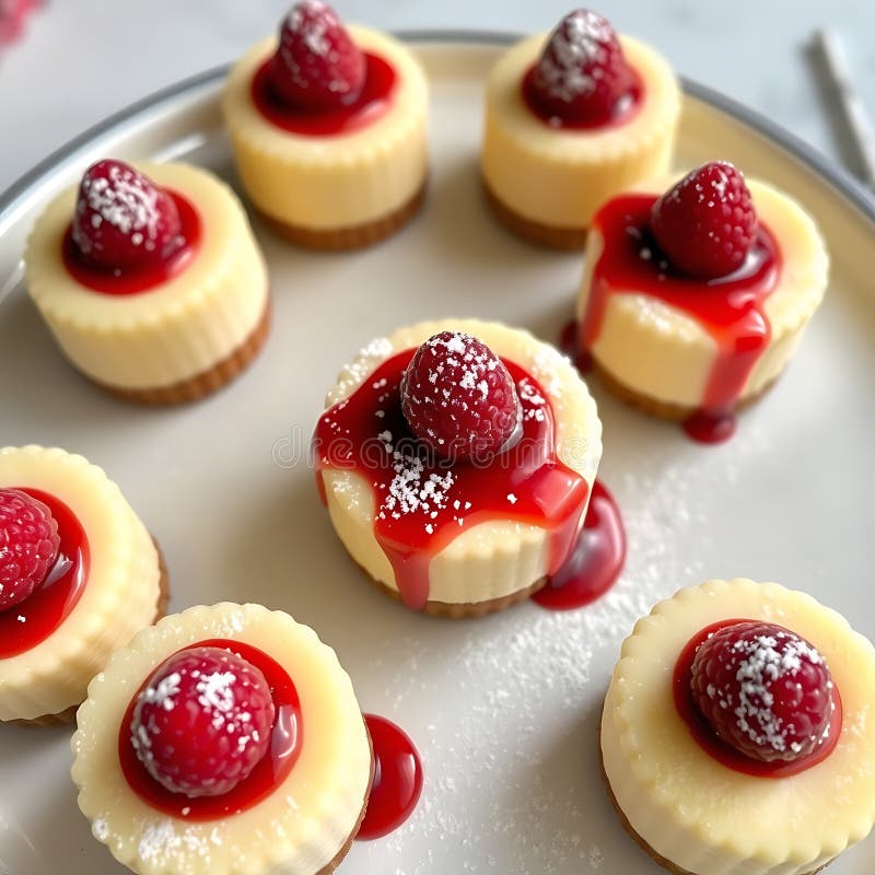 A Platter of Mini Cheesecakes with Raspberry Coulis and a Dusting of ...