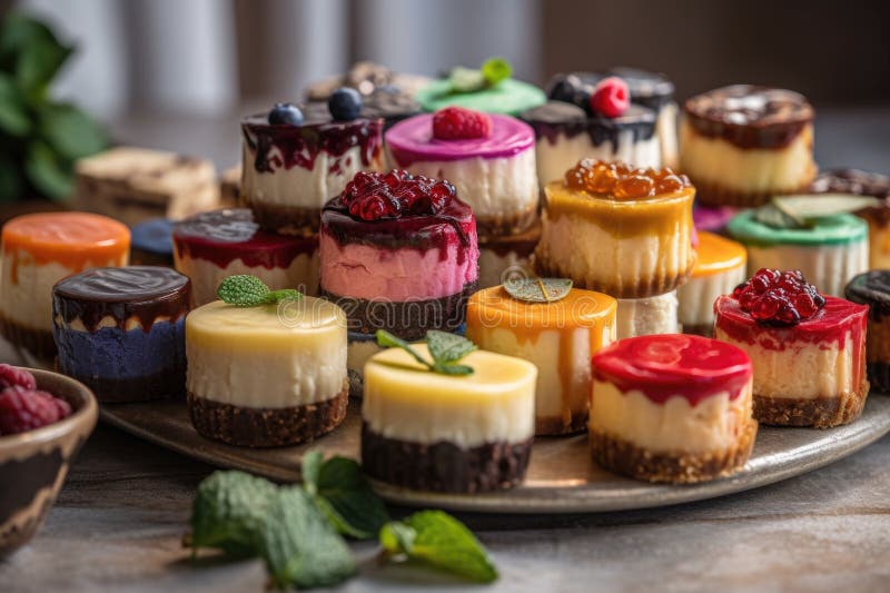 Platter of Mini Cheesecakes in Various Flavors and Colors Stock ...