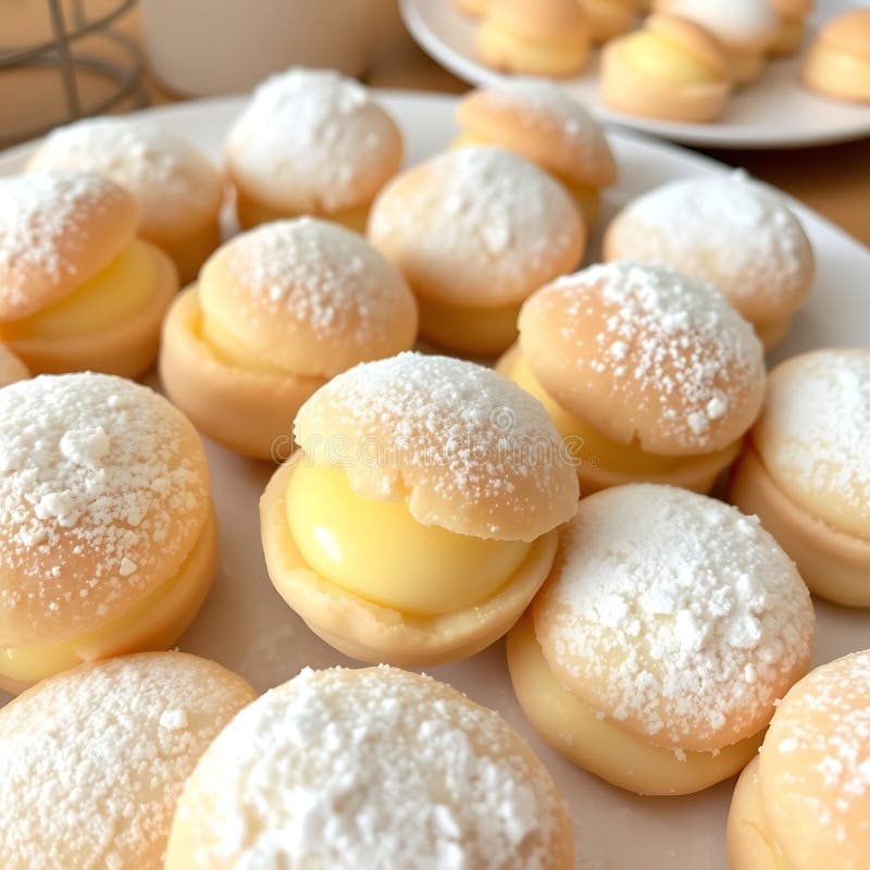 A Platter of Mini Cream Puffs Filled with Vanilla Custard and Dusted ...