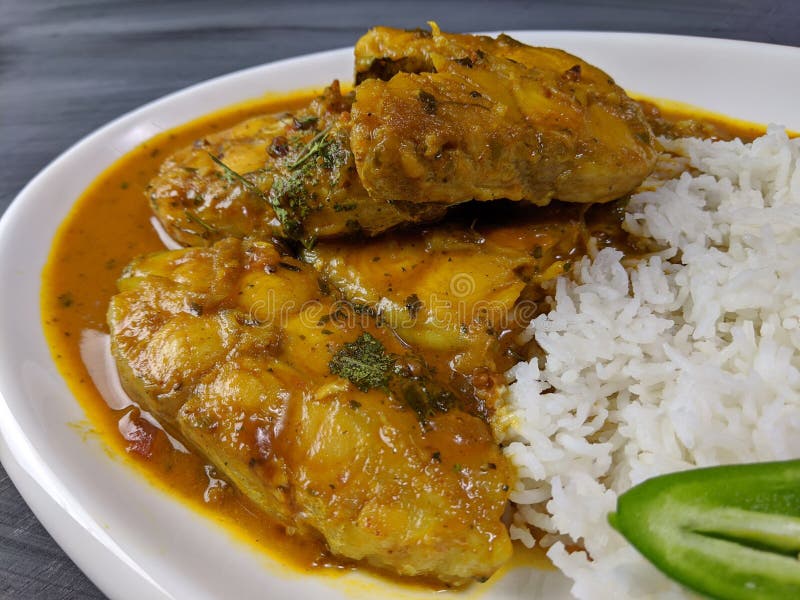 A Platter of North Indian Style Fish Curry with Rice Stock Photo ...