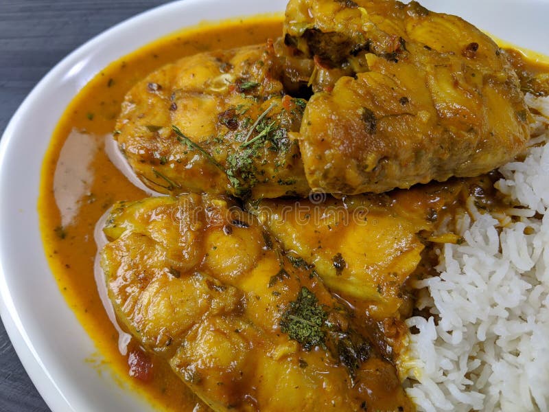 A Platter of North Indian Style Fish Curry with Rice Stock Photo ...