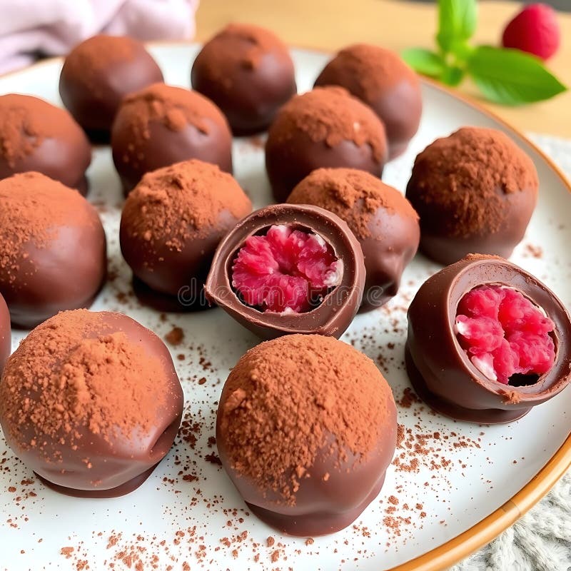 A Platter of Raspberry Filled Chocolate Truffles Dusted with Cocoa ...