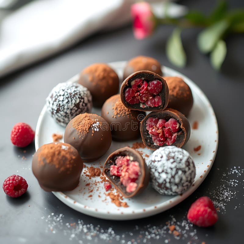 A Platter of Raspberry Filled Chocolate Truffles Dusted with Cocoa ...