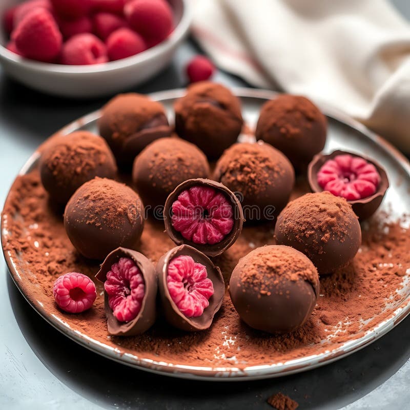 A Platter of Raspberry Filled Chocolate Truffles Dusted with Cocoa ...