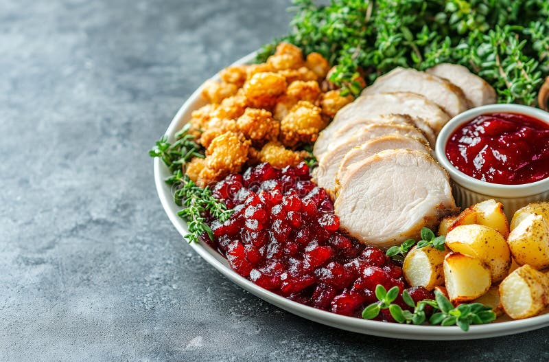 A Platter of Roasted Turkey with Cranberry Sauce Potatoes and Stuffing ...