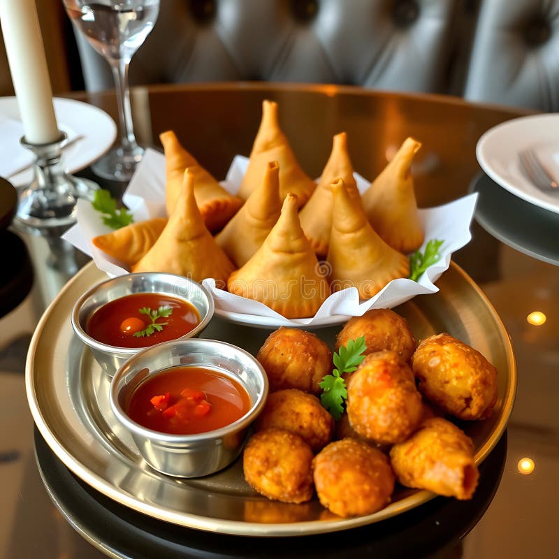 A Platter of Samosas, Pakoras, and Chutneys Set on an Elegant Dining ...
