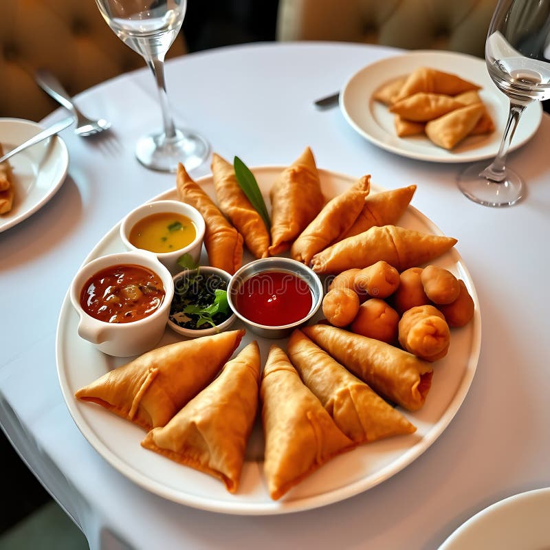 A Platter of Samosas, Pakoras, and Chutneys Set on an Elegant Dining ...