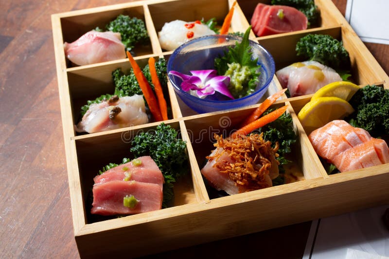 Platter of Sashimi Pieces, Sushi, Box, Platter, Sampler Stock Photo ...