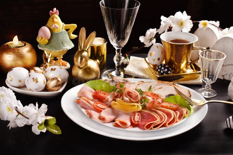 A Platter of Sliced Ham and Cured Meat for Easter Stock Photo - Image ...