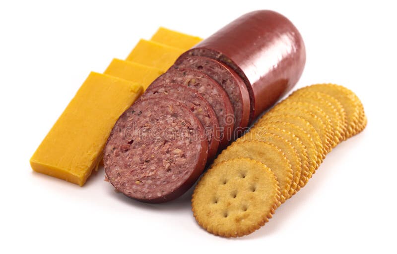 Platter of Summer Sausage Crackers and Cheddar Cheese on a White ...