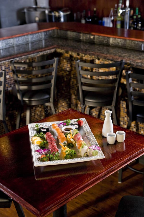 Platter of Sushi on Table in Japanese Restaurant Stock Image - Image of ...