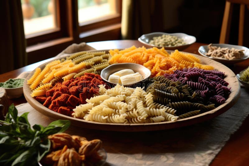Platter of Varied Pasta Shapes on Dining Table Stock Image - Image of ...