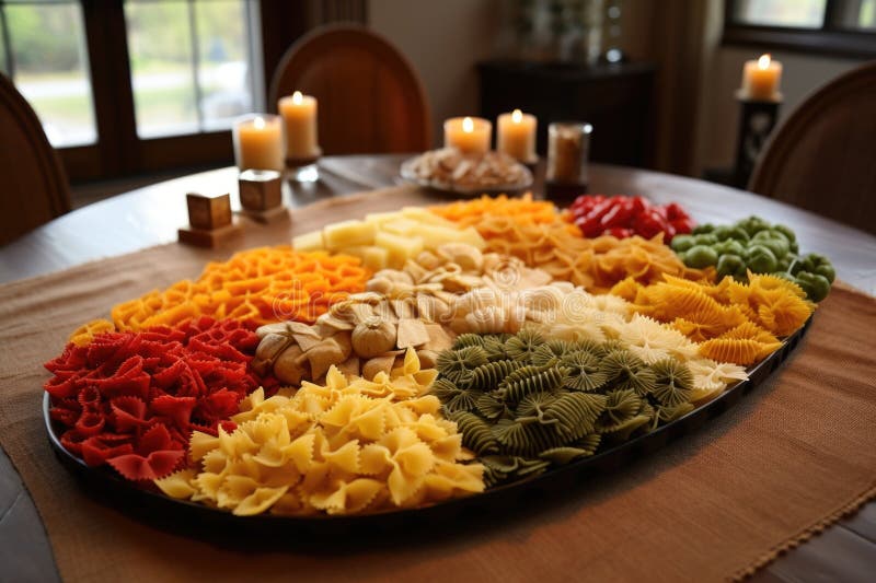 Platter of Varied Pasta Shapes on Dining Table Stock Photo - Image of ...