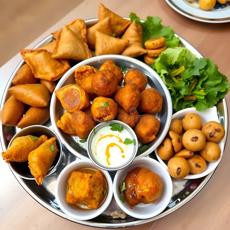 A Platter of Various Indian Appetizers Like Samosas, Pakoras, and Dahi ...