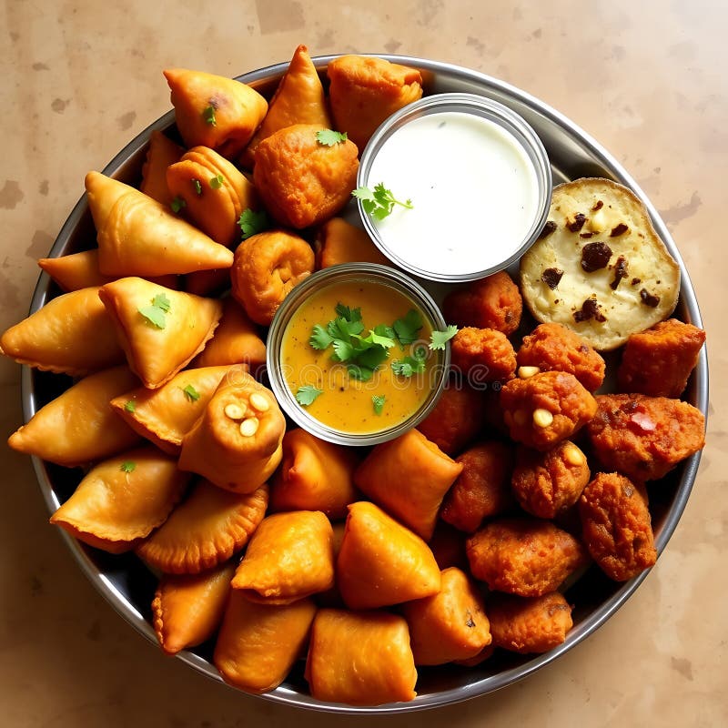 A Platter of Various Indian Appetizers Like Samosas, Pakoras, and Dahi ...