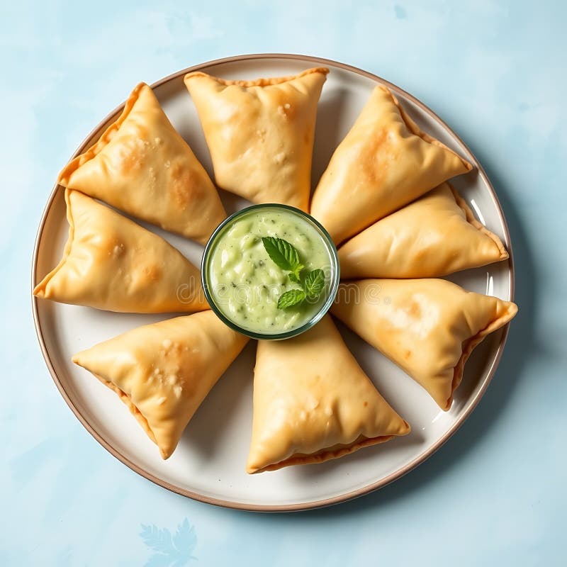 A Platter of Vegetable Samosas with Mint Chutney on a Pastel Blue ...