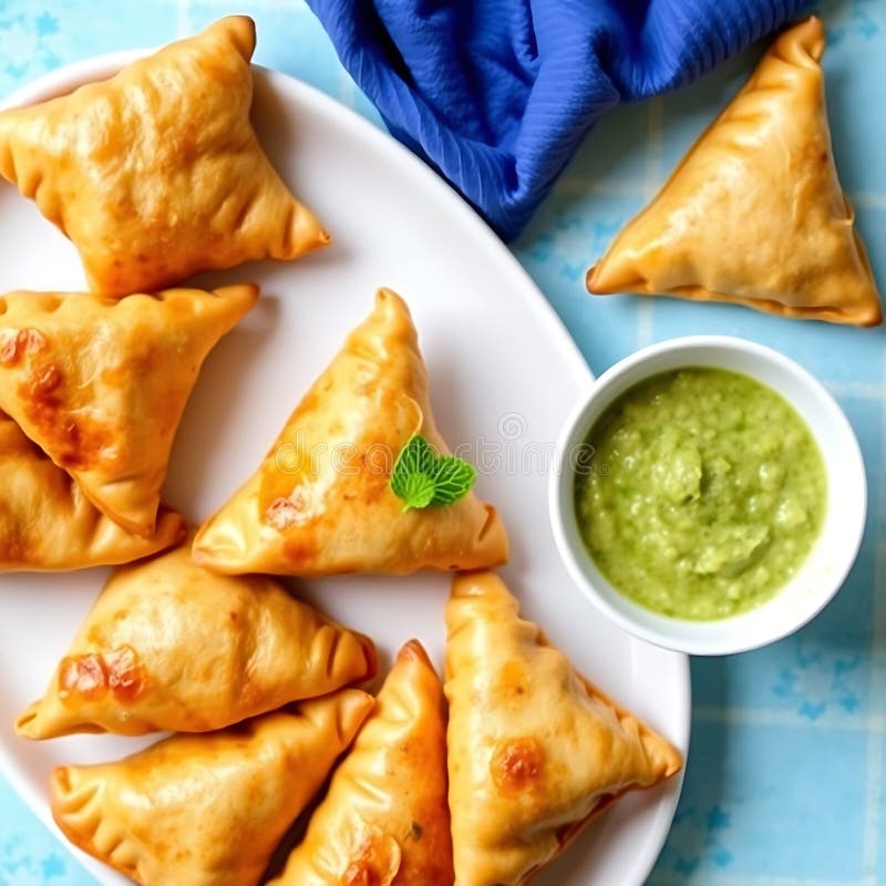 A Platter of Vegetable Samosas with Mint Chutney on a Pastel Blue ...