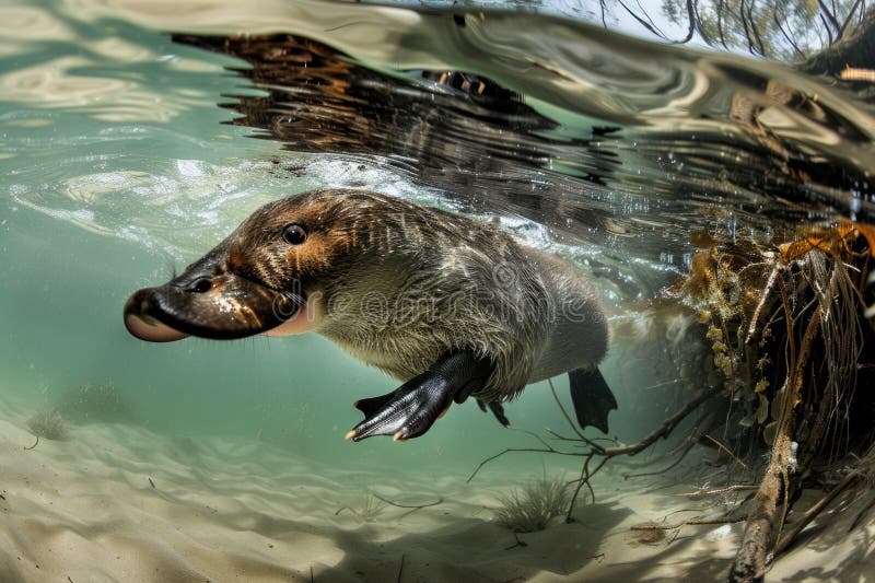 Platypus Swimming Underwater in Clear River Habitat AI Stock Photo ...