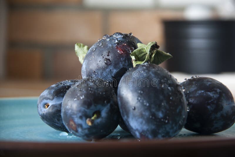 Plaums on the plate indoor stock photo. Image of nature - 98637846