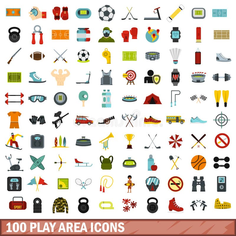 100 Play Area Icons Set, Flat Style Stock Vector - Illustration of ...