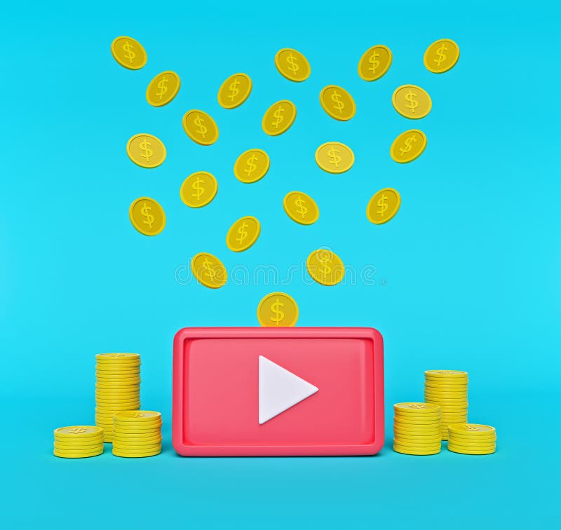 Play Button with Coins Isolated on Blue Background. the Concept of ...