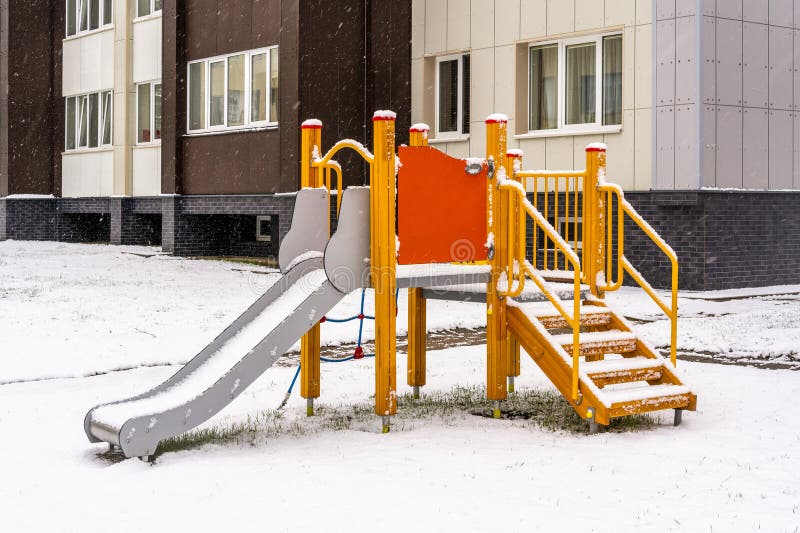 Play Complex Playground with Slides and Stairs in the Winter City Stock ...