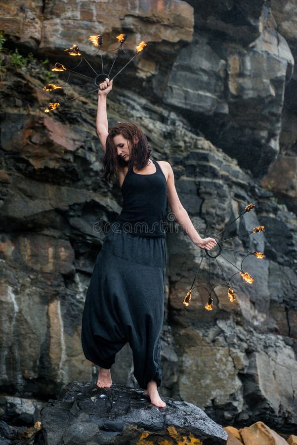 Play with Fire Show on the Shore of the Sea Stock Photo - Image of ...