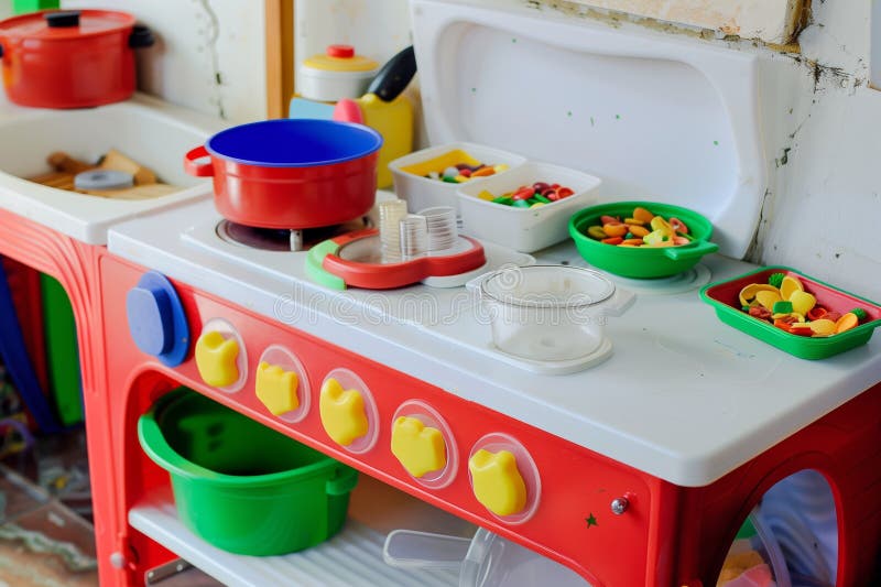 Play Kitchen Set with Plastic Food and Empty Pots Stock Photo - Image ...